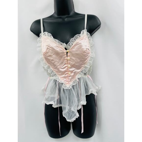 Vintage | Tops | Vintage Heart Pink Satin Lace Ruffle Cami Lingerie ...